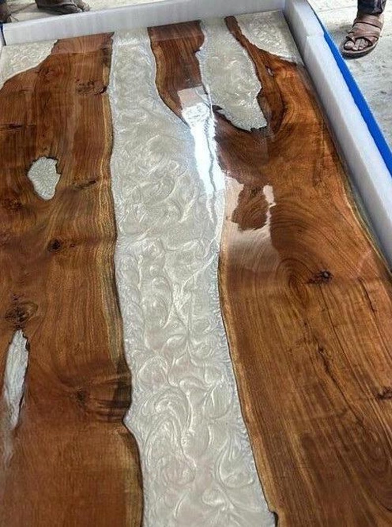 White Epoxy Table Top Natural Wood Rectangle Coffee Top Handmade Dining ...