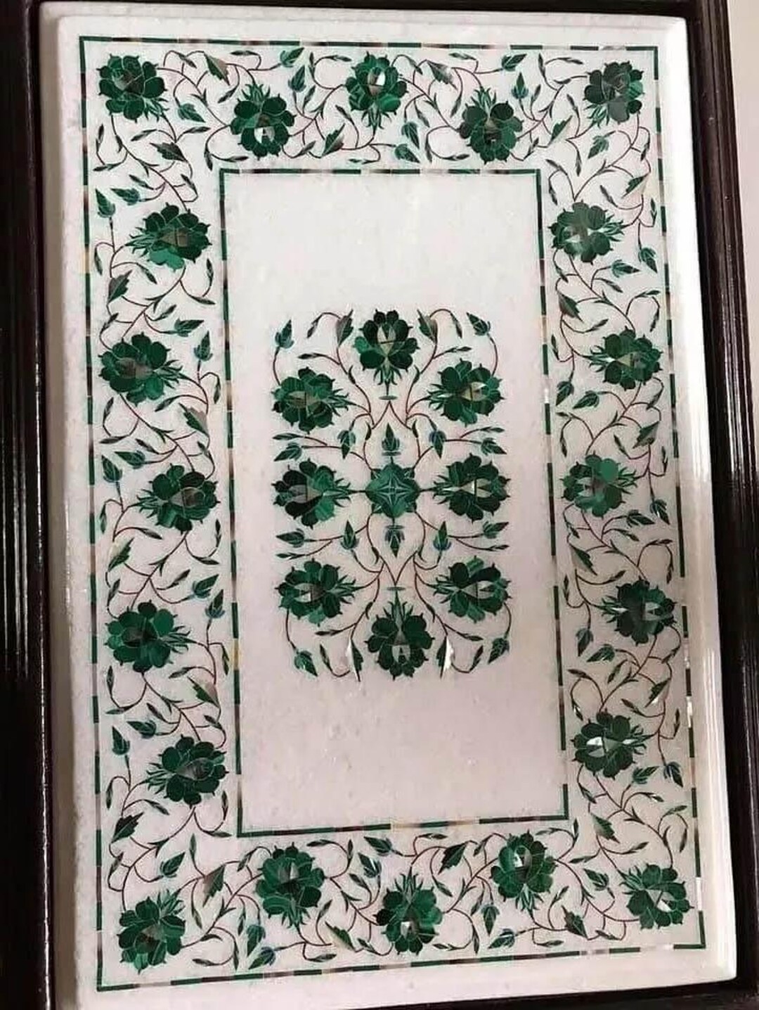 Adorable White Marble Dining Table Top Malachite Inlay Semi Precious ...