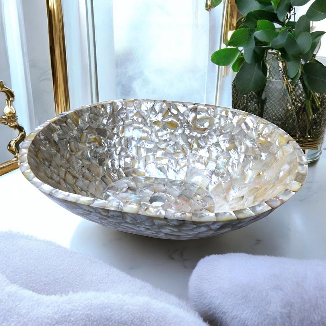 Unique Oval White Marble Kitchen Sink Wash Basin With Natural Mother of ...