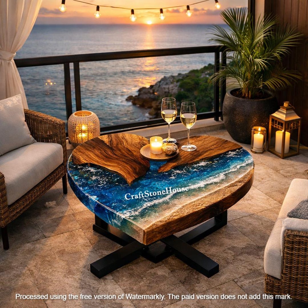 Heart Shape Epoxy Resin Ocean Waves Coffee Table Handmade Beach Style ...