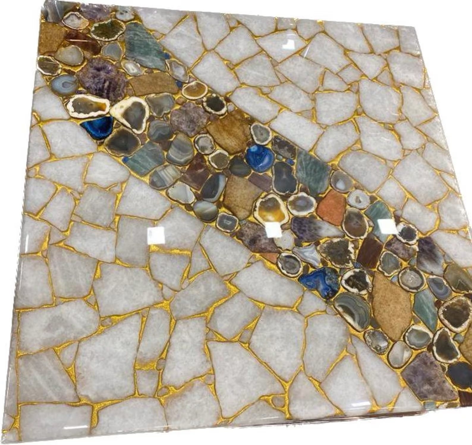Agate Dining Table, Square Coffee Table, White Agate With Gold Foil ...