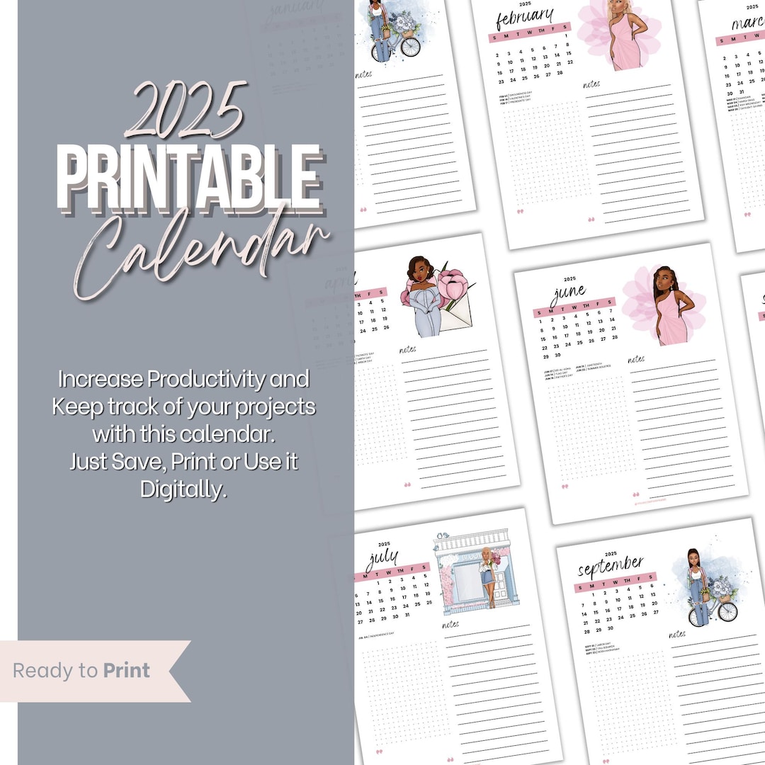2025 Printable Calendar Black Girl Flower Calendar 2025 Planner ...