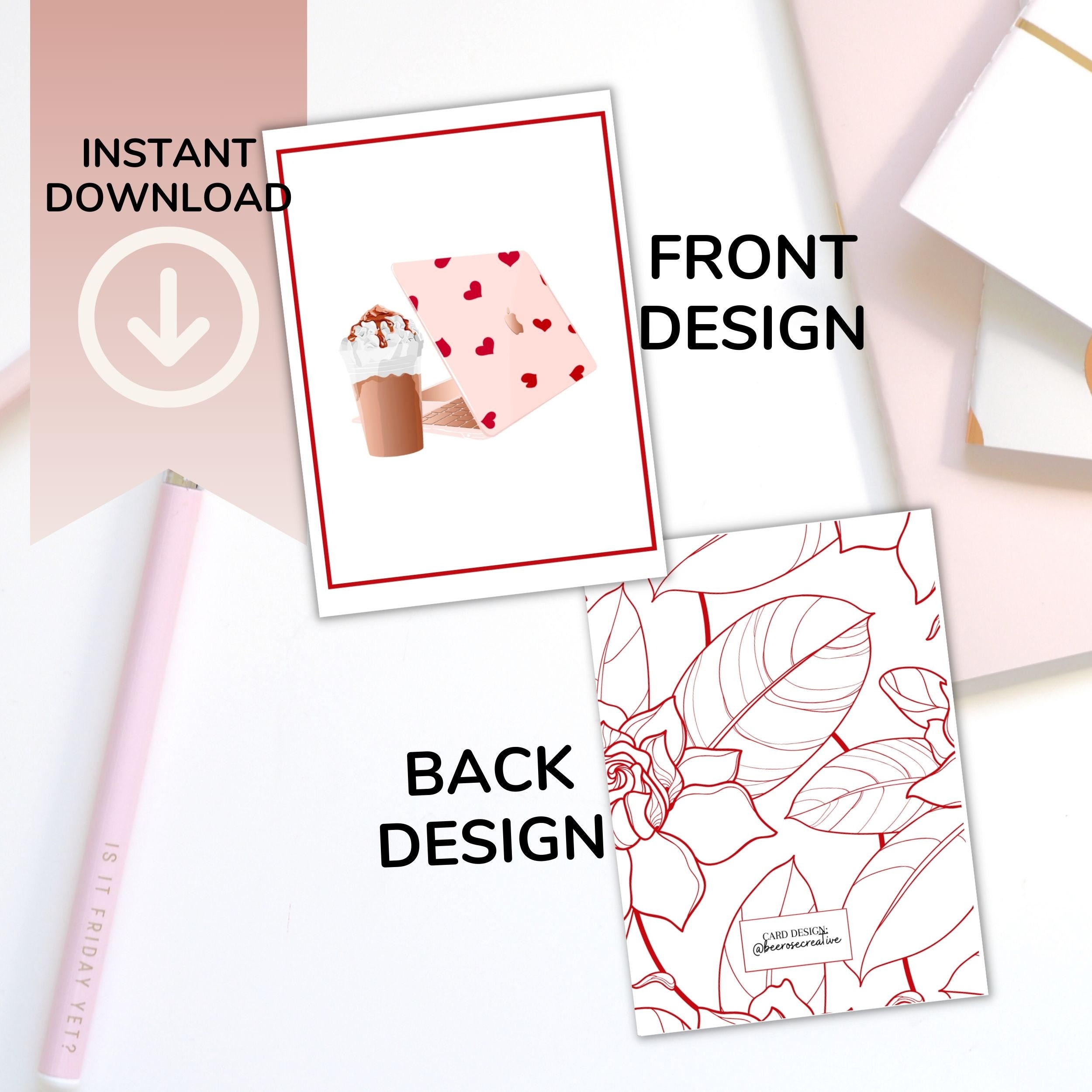 Printable Note Card Set Valentine's Day Cards Rose Gold Card for Her ...