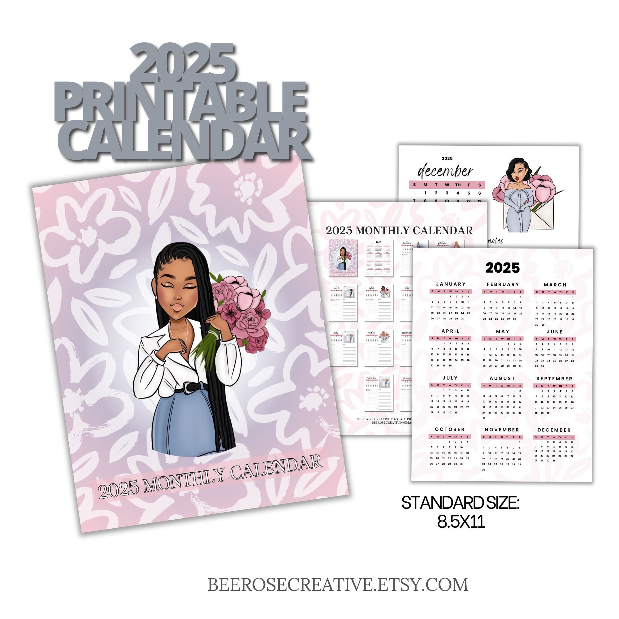 2025 Printable Calendar | Black Girl Flower Calendar | 2025 Planner ...