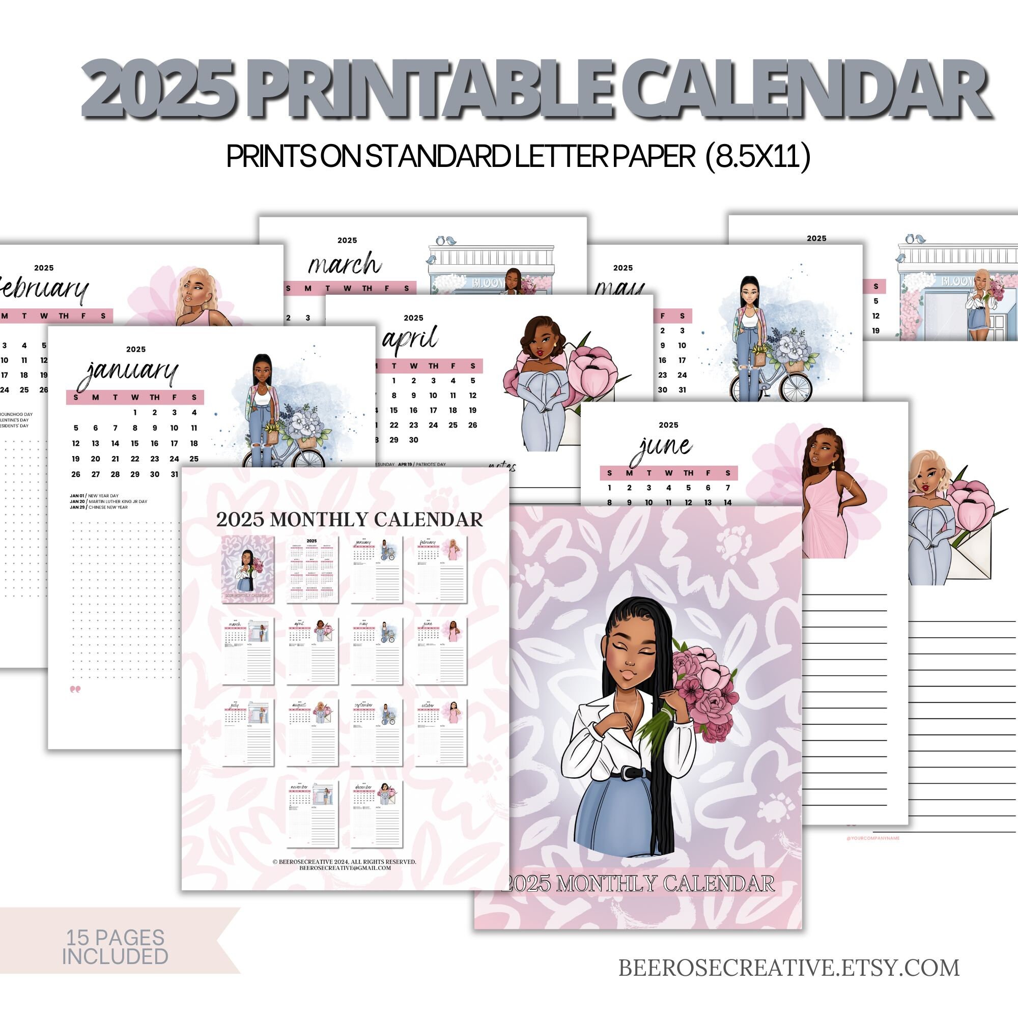 2025 Printable Calendar | Black Girl Flower Calendar | 2025 Planner ...