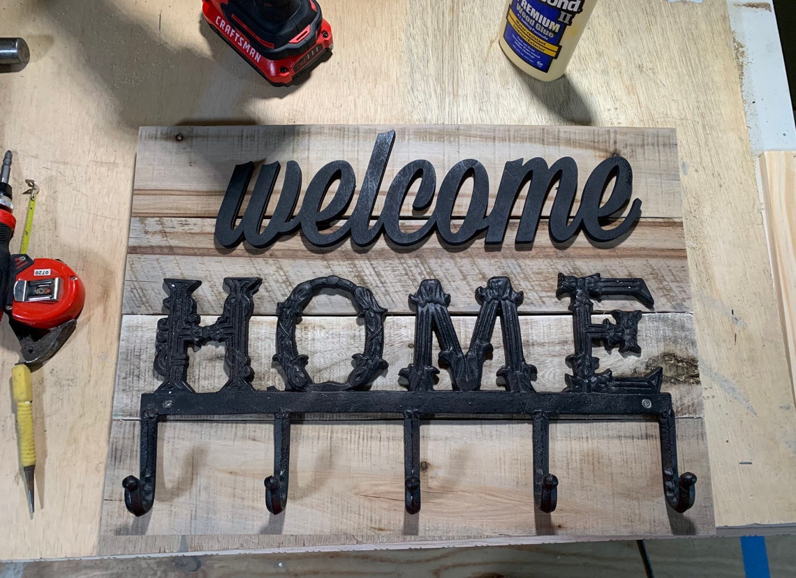 Welcome Home with Key holder Hooks/ Welcome home key wall | Etsy