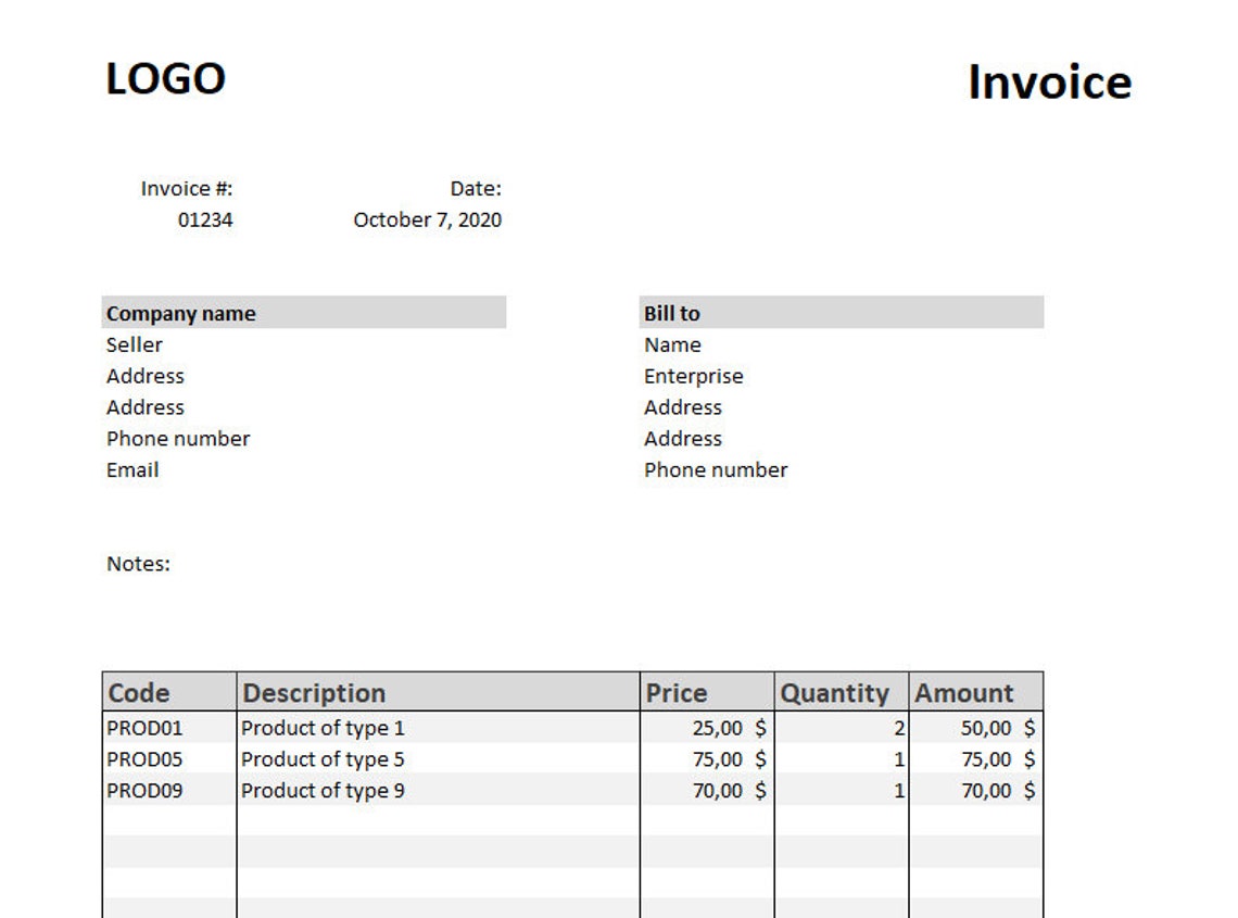Excel Invoice Model in English - Etsy UK