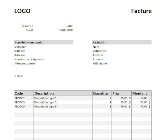 Excel Invoice Model in French - Etsy
