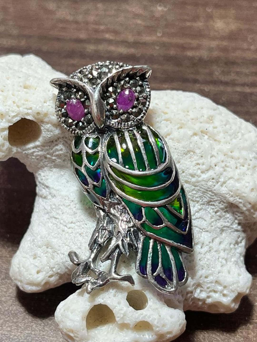 Enamel Jewelry | Silver Owl Ruby With Glass Inlay Brooch + Pendent ...