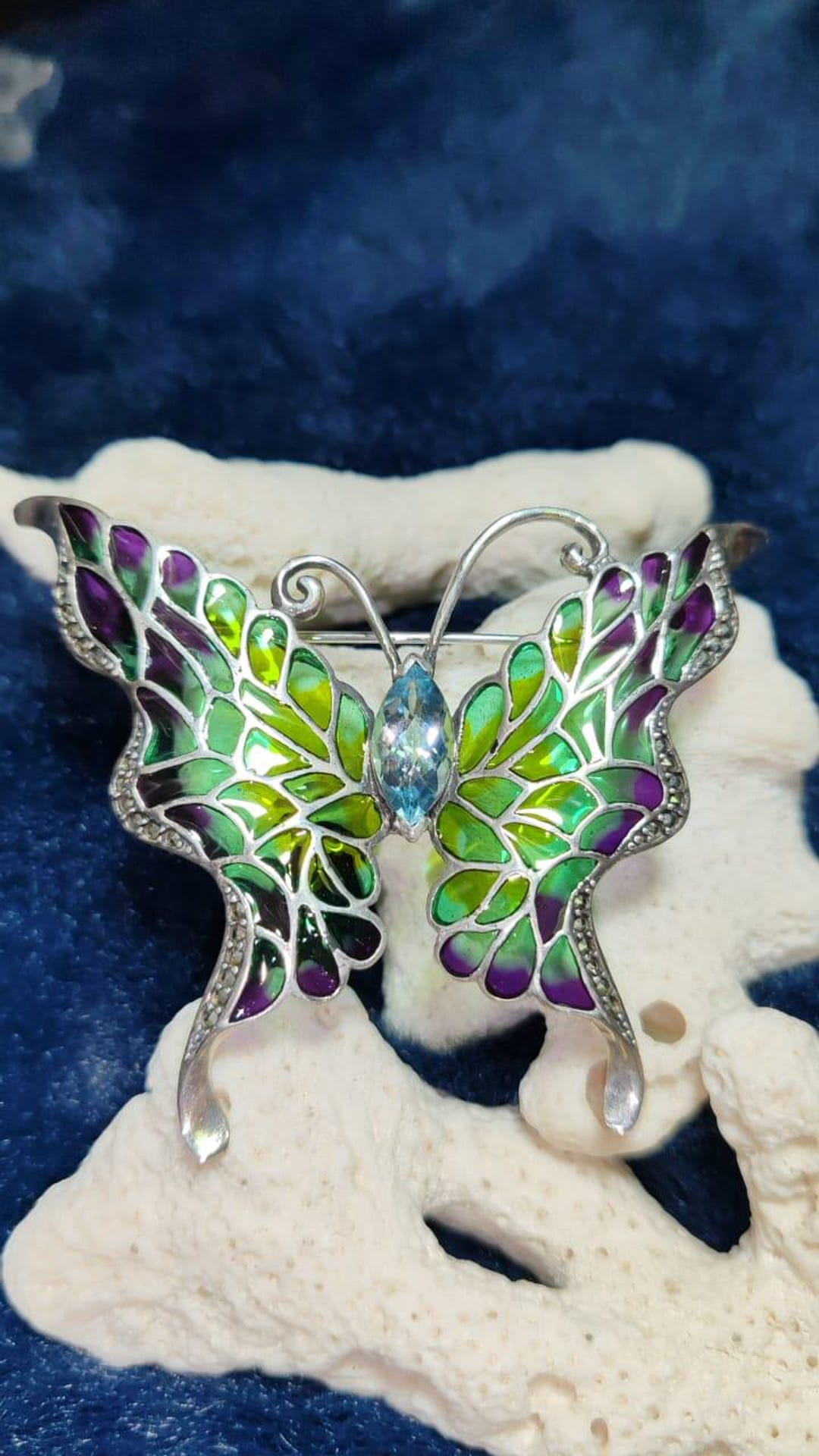 Beautiful Solid Silver Butterfly Blue Topaz With Glass Inlay Big Brooch ...