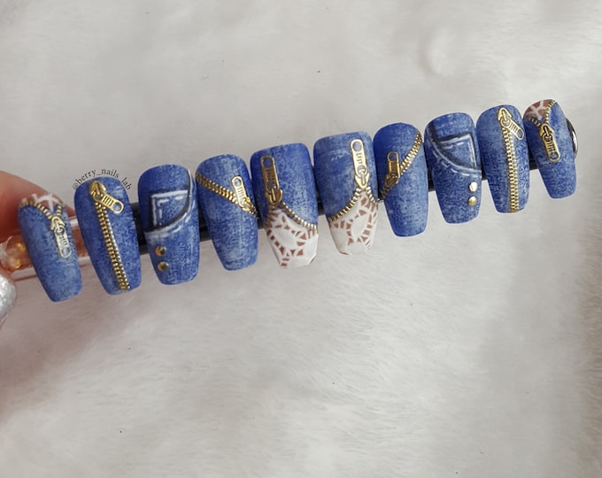 Hand Drawn Denim Press on Nails Set Zippers Glue on Nails Luxury Press ...