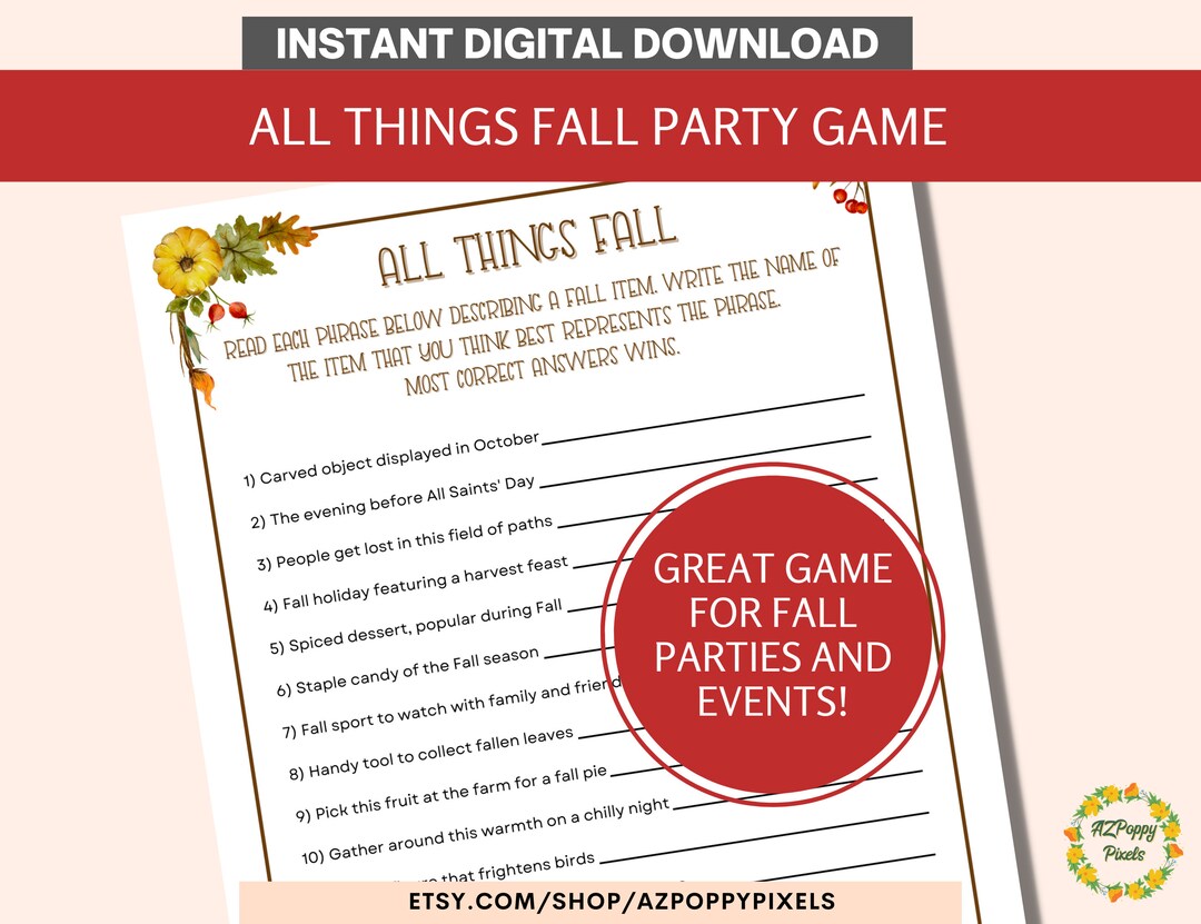 All Things Fall Party Game Printable Autumn Party Game Fall - Etsy