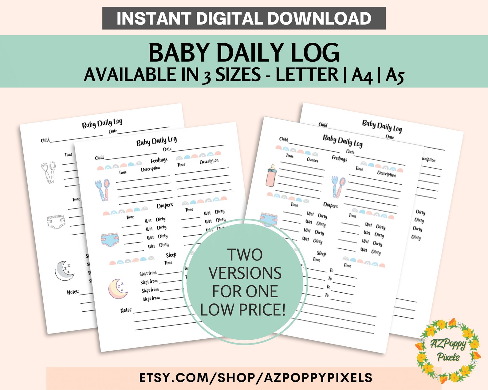 Baby Daily Log Printable Track Feedings, Diaper Changes, and Sleeping ...