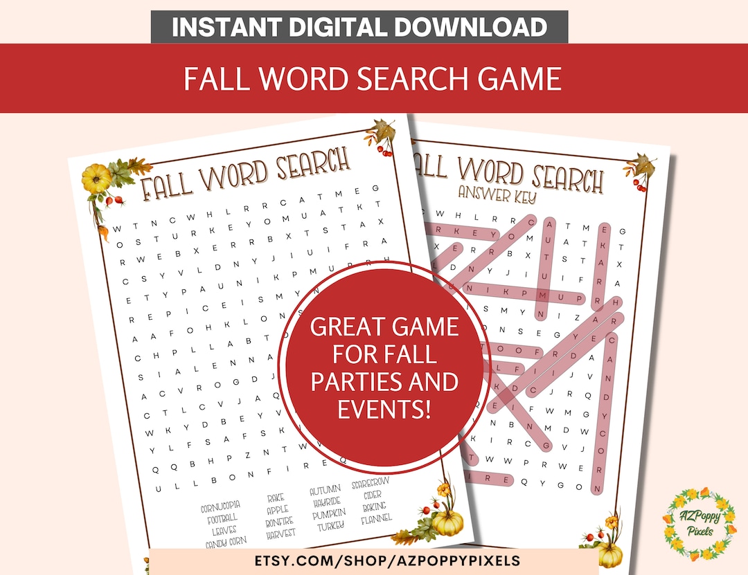 Fall Word Search Printable, Printable Autumn Party Games, Fall Time ...