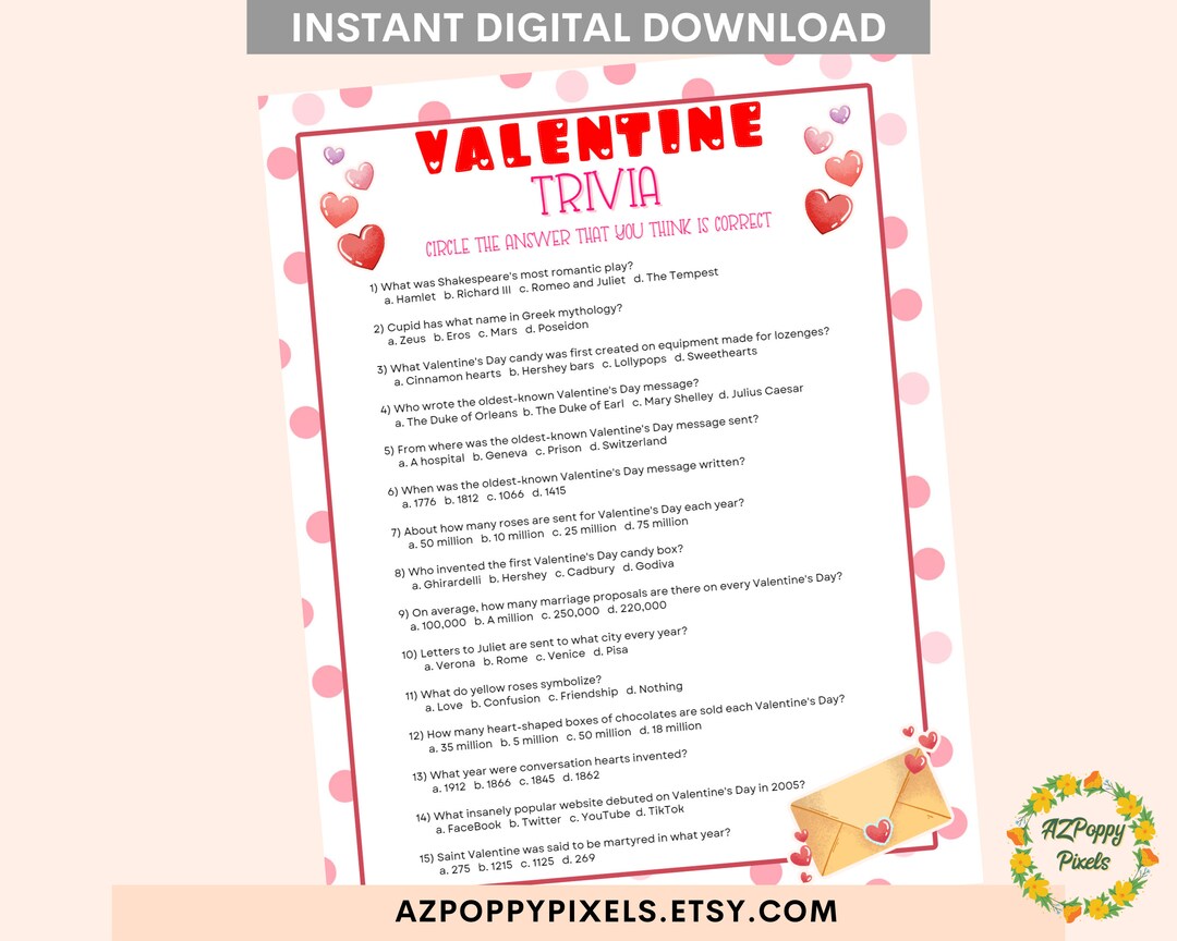 Valentine Trivia Game, Valentine's Day Adult Games, Valentine's Trivia ...