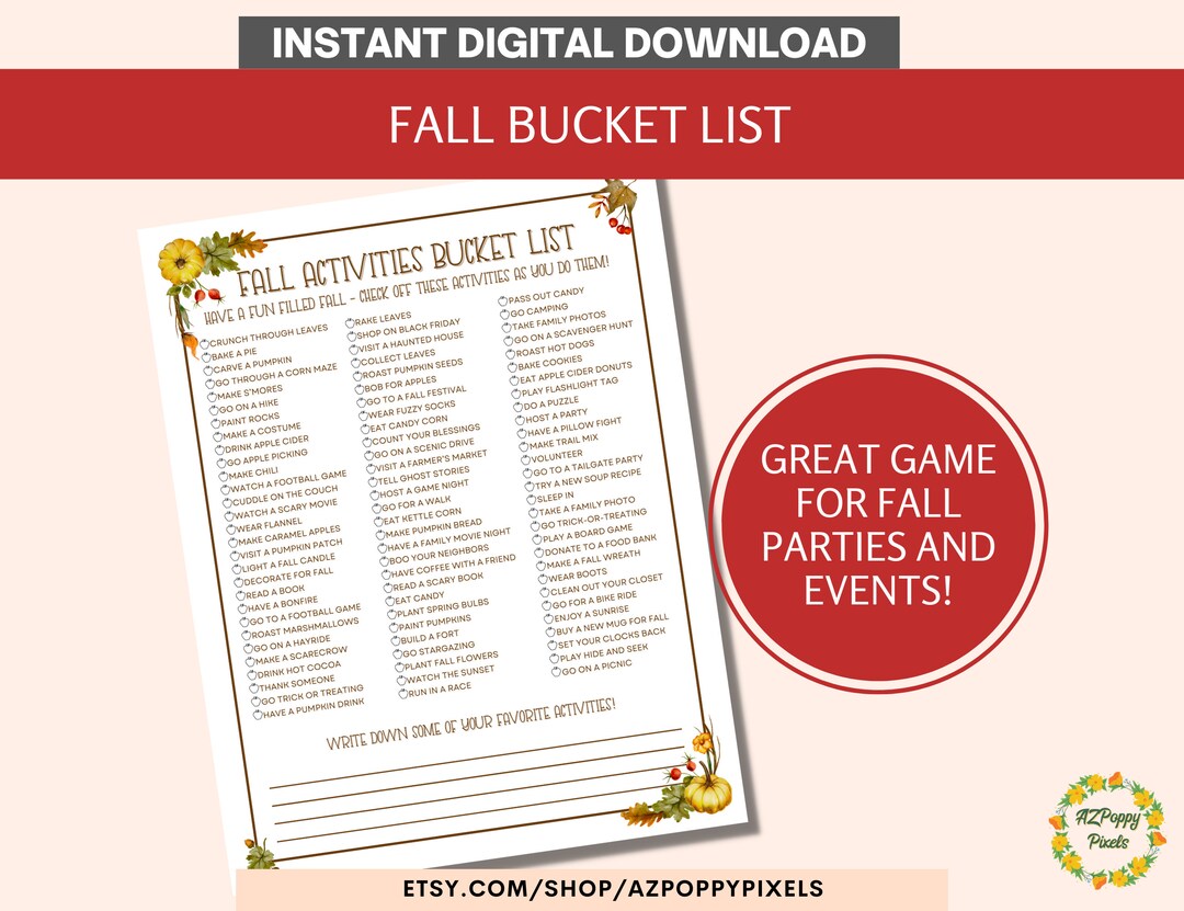 Fall Bucket List Game, Printable Autumn Party Game, Fall Time ...
