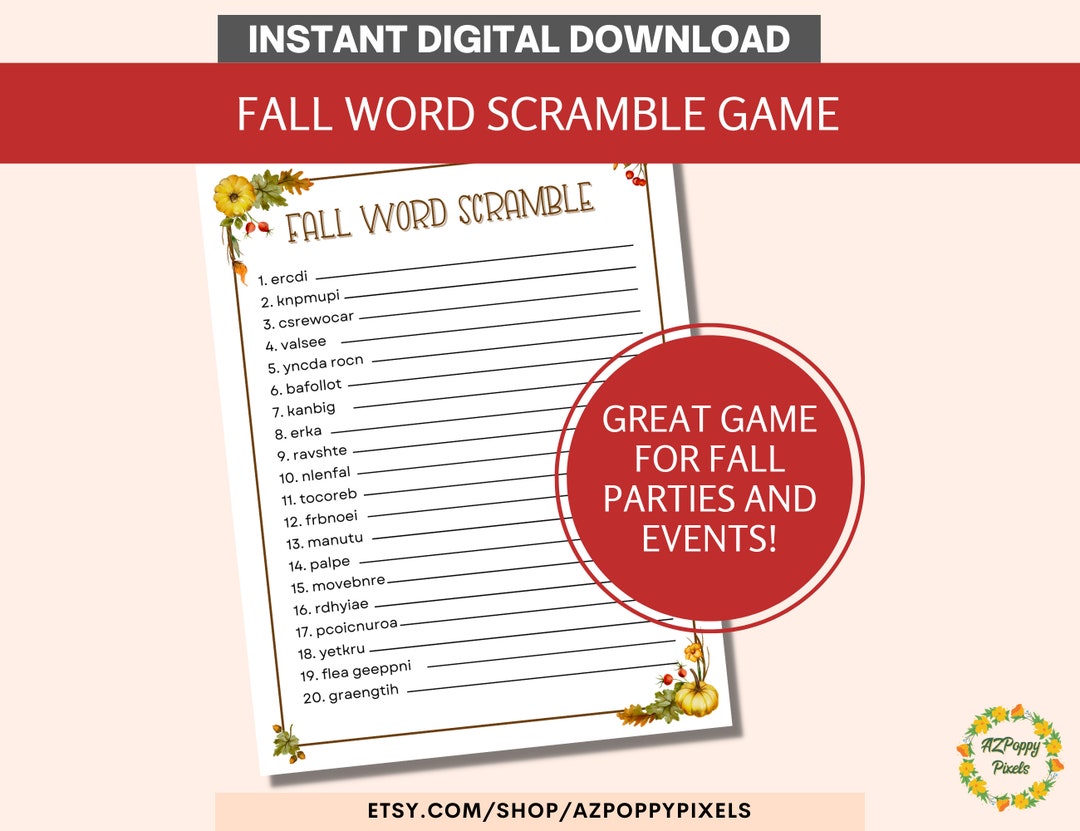Fall Word Scramble Game, Printable Autumn Party Games, Fall Time ...