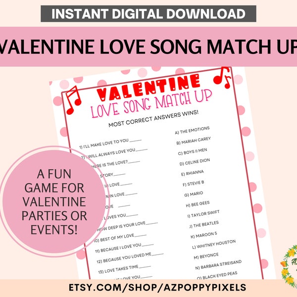 Love Song Match Game - Etsy