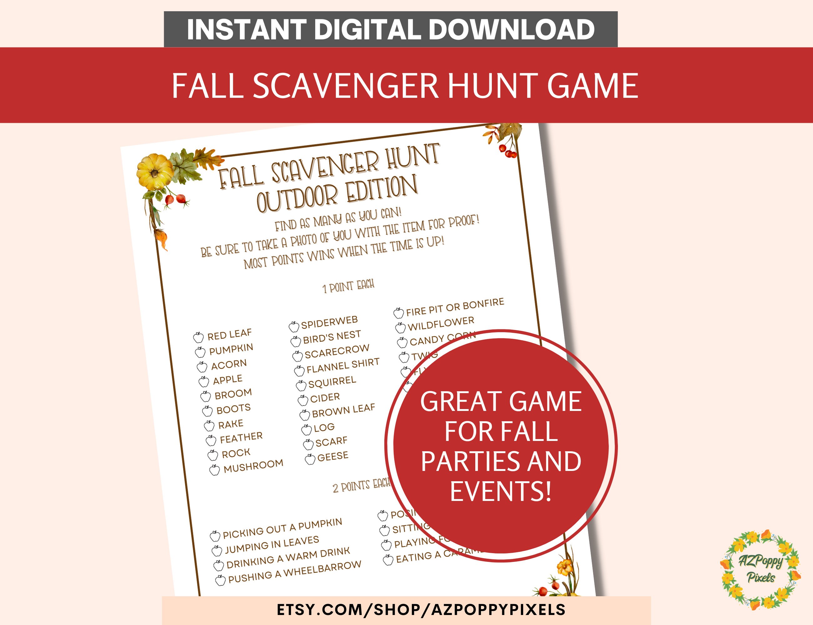 Fall Scavenger Hunt Game Printable Autumn Party Games Fall - Etsy