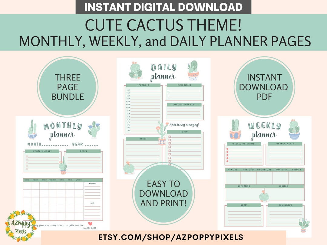 Cactus Planner Printable Daily Planner, Weekly Planner and Monthly ...