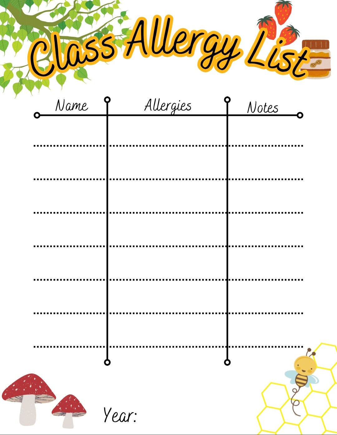 Classroom Allergy List - Etsy