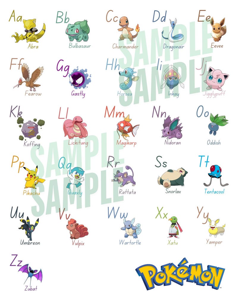 Pokemon Alphabet Poster, Handwriting Chart Print, Educational Wall Art ...