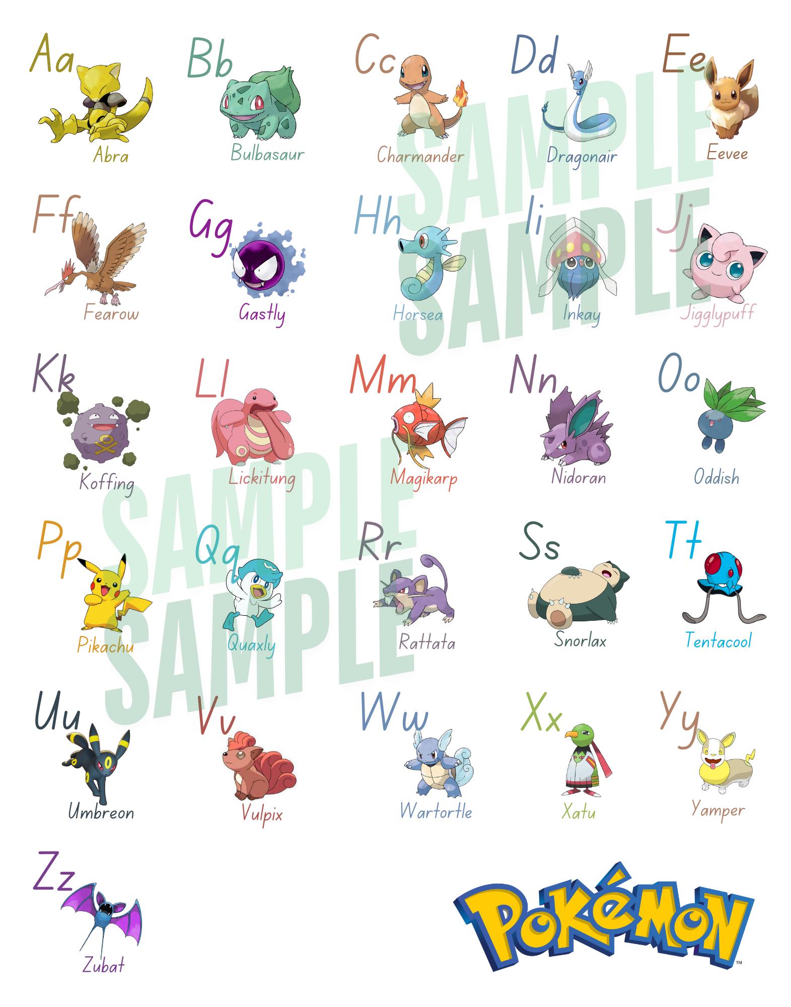 Pokemon Alphabet Poster, Handwriting Chart Print, Educational Wall Art ...