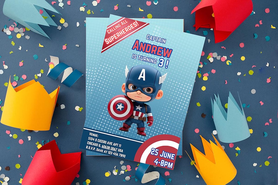 Captain America Card Birthday Party Invite | Marvel Birthday Invitation ...