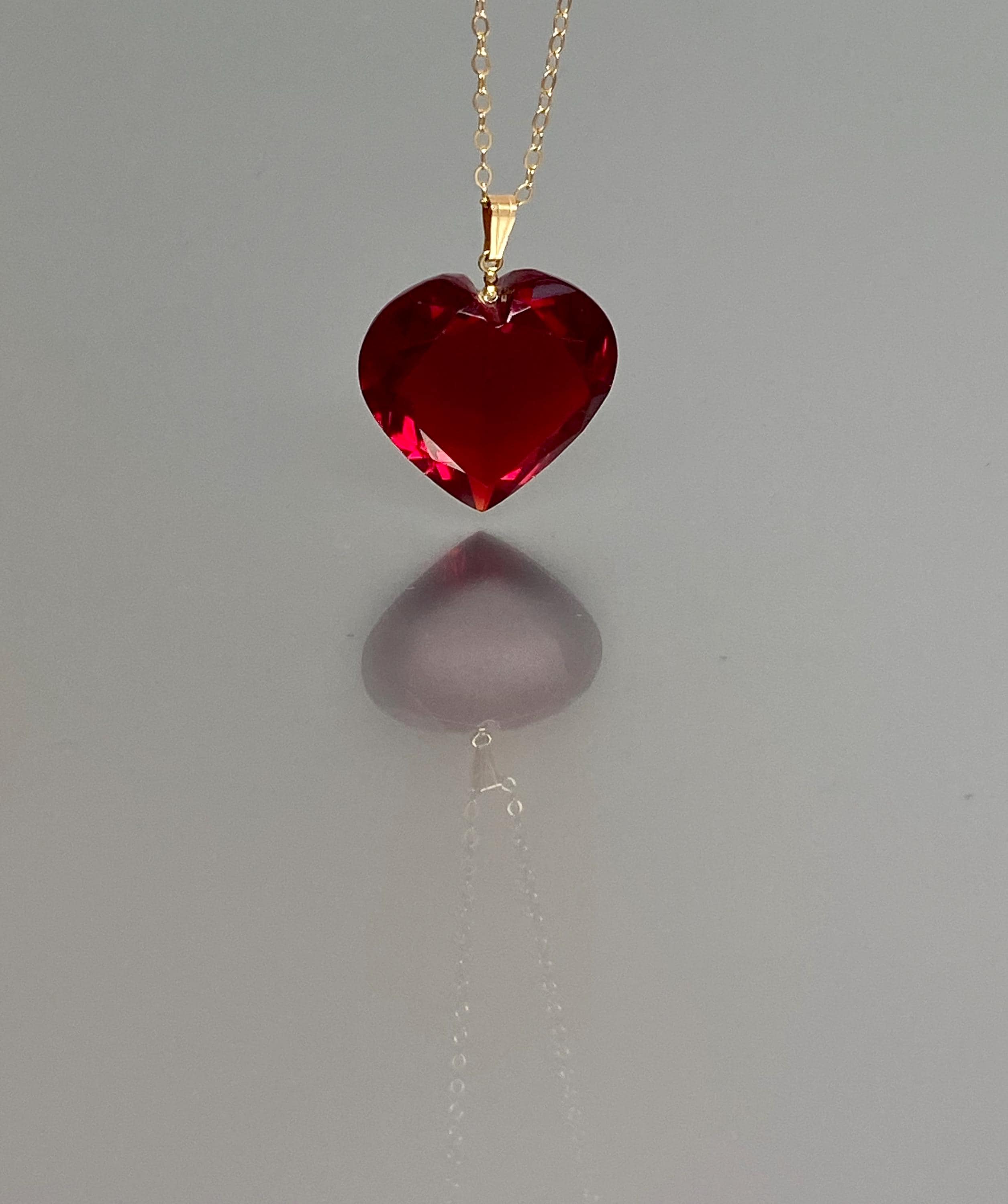 14K Solid GOLD Ruby Heart Pendant Necklace, Red Heart Necklace, White ...