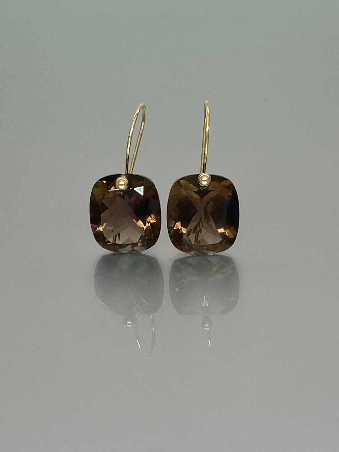 14K/18K Smoky Topaz Earrings, Gold Dangle Smoky Topaz, Brown Stone ...