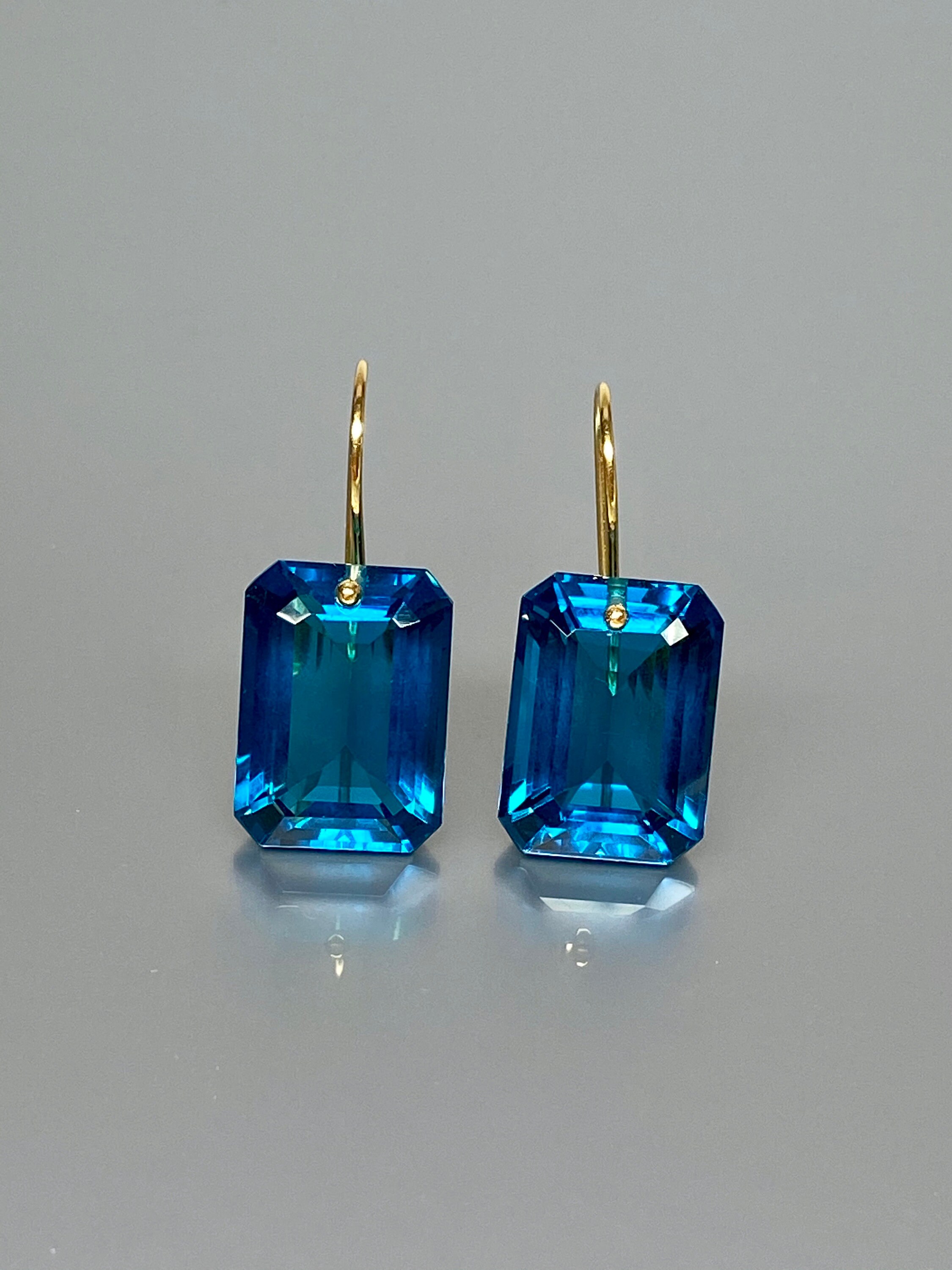 14K Solid Gold London Blue Topaz Dangle Earrings: Emerald Cut Statement ...