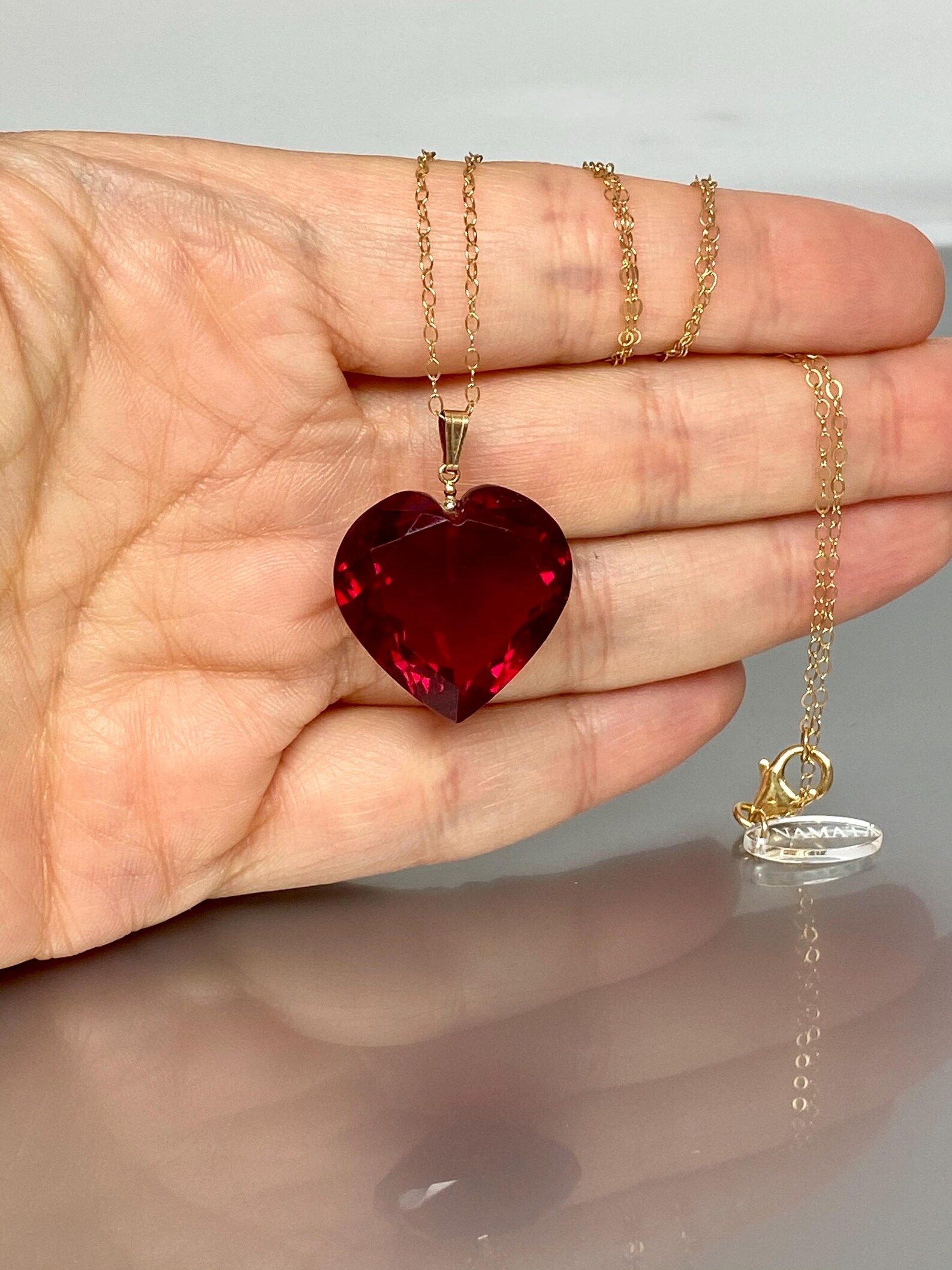 14K Solid GOLD Ruby Heart Pendant Necklace, Red Heart Necklace, White ...
