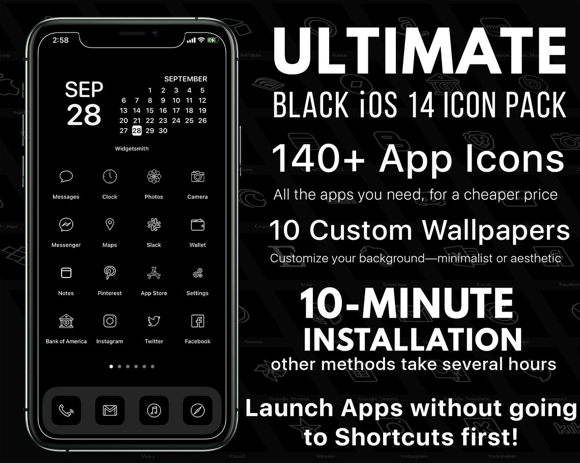 ULTIMATE Black Ios 14 Icon Pack Quick Installation 140 | Etsy