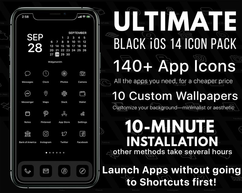 ULTIMATE Black Ios 14 Icon Pack Quick Installation, 140 Icons, 10 ...