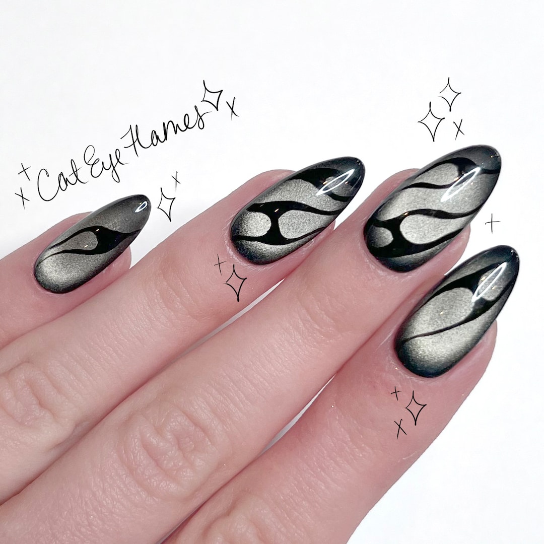 CAT EYE FLAMES Press on Nails, Made to Order Hand Painted Set of 10 Press on Nails by Nin's ...