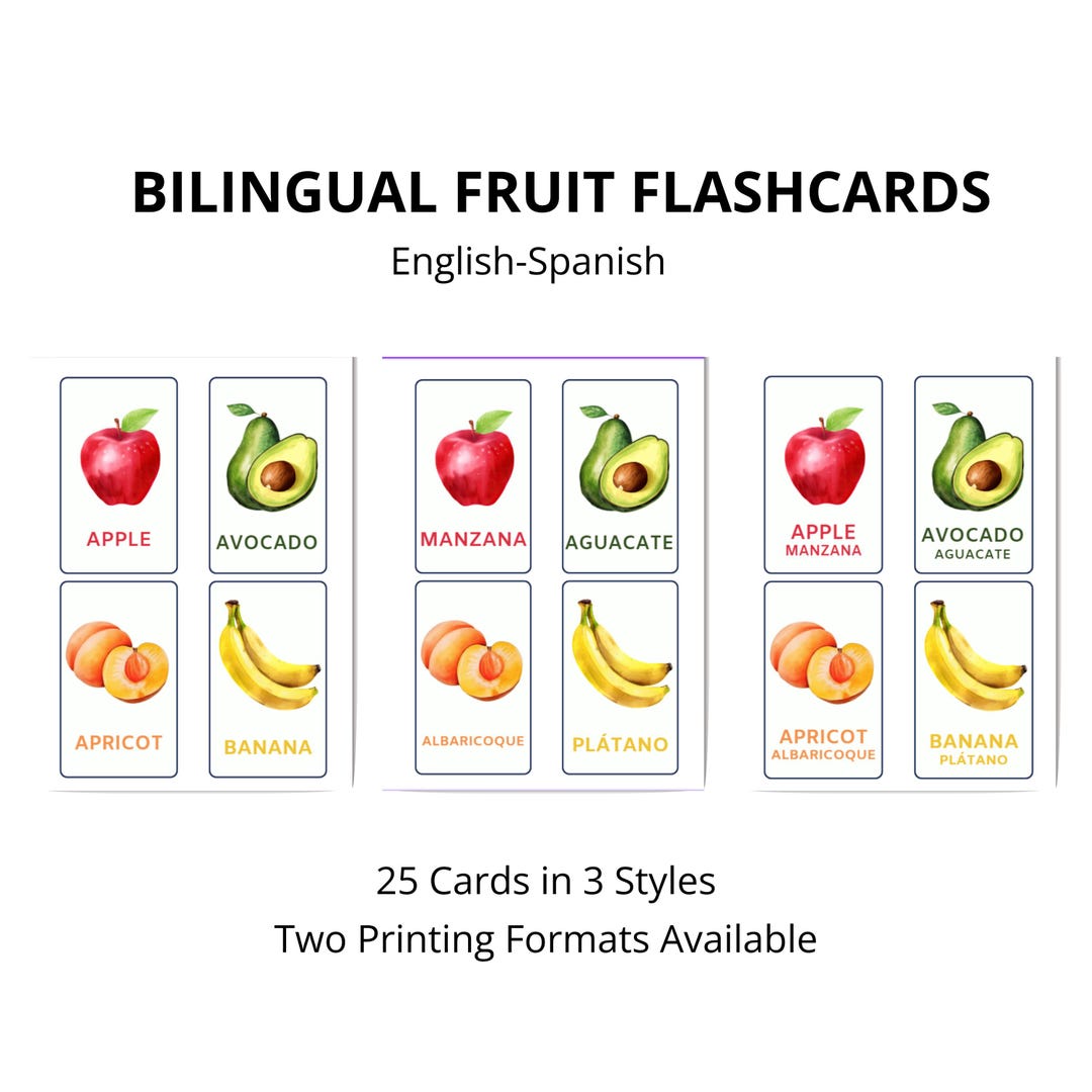 25 Bilingual Watercolor Fruit Flashcards Bundle Spanish and English ...