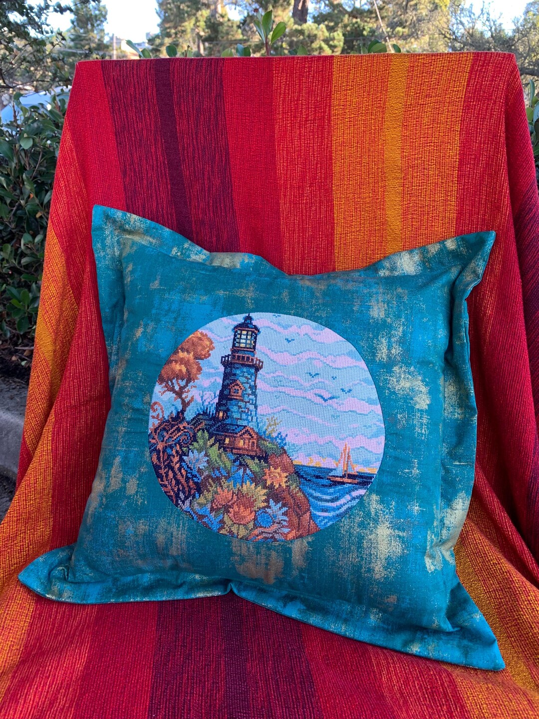Lighthouse Throw Pillow With Cross Stitch Design. - Etsy