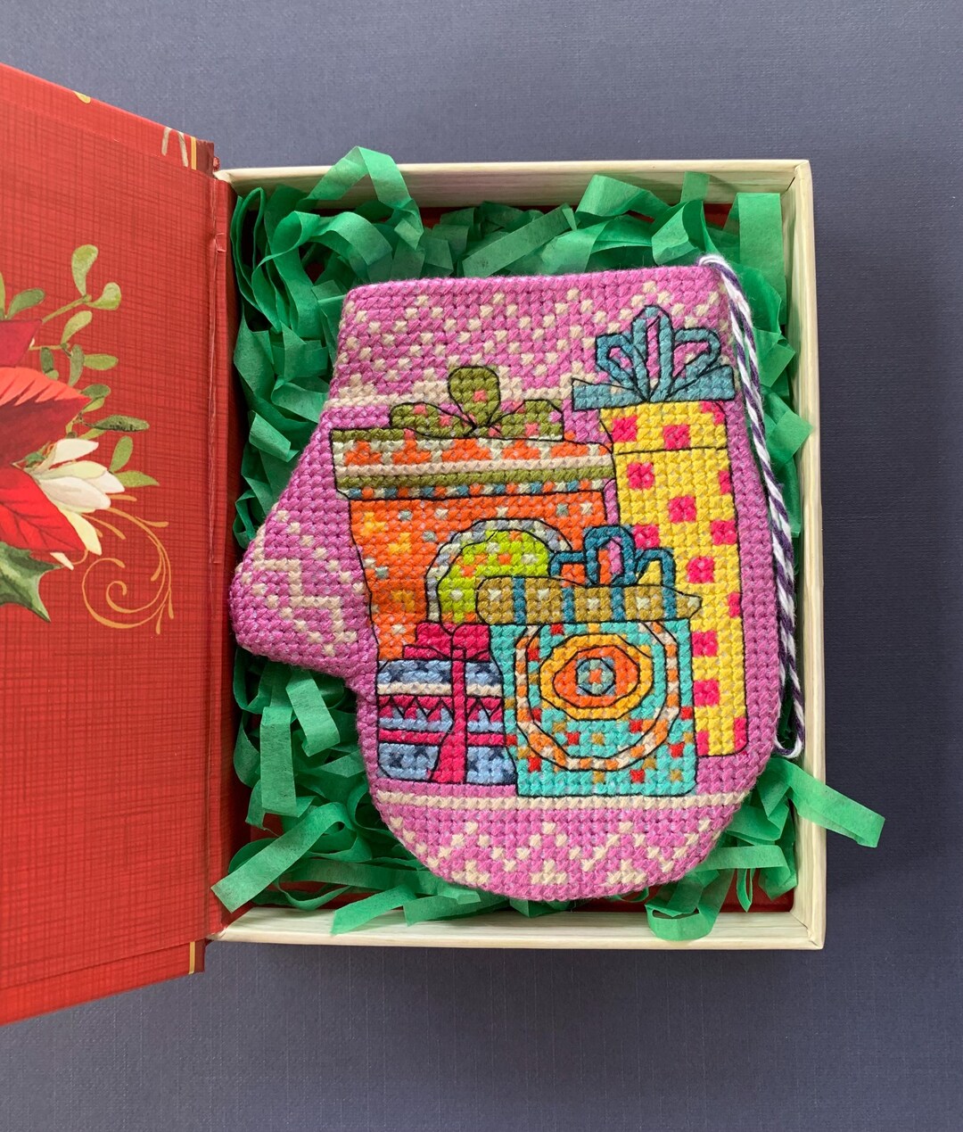 Mitten Christmas Tree Ornament With Cross Stitched Design. - Etsy