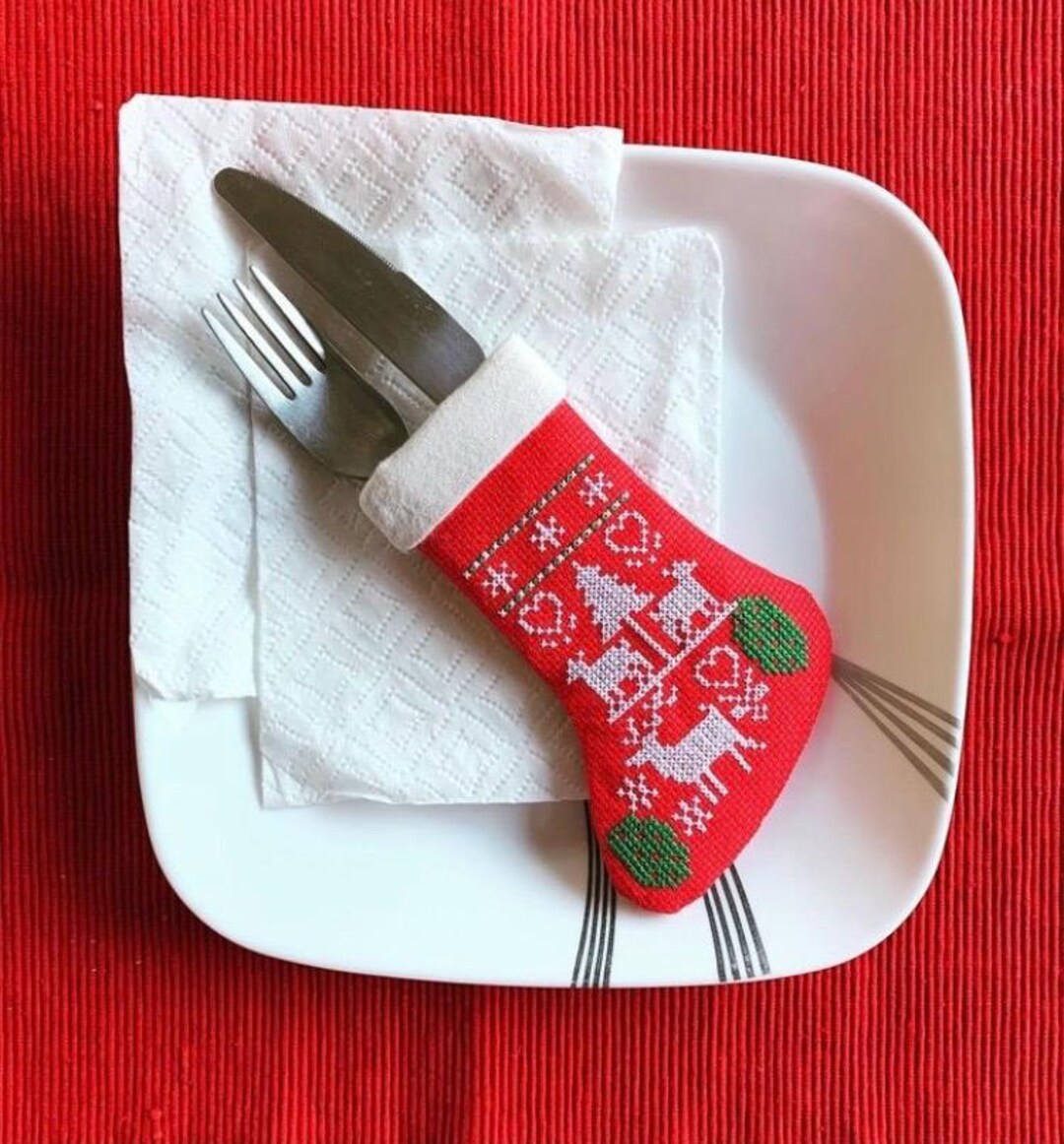 Christmas Stocking Silverware Holdersset of 2 With Cross Stitched ...