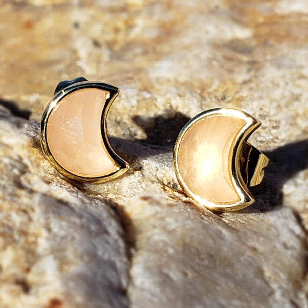 Gold Plated Rose Quartz Moon Stud Earrings for Healing & Serenity ...