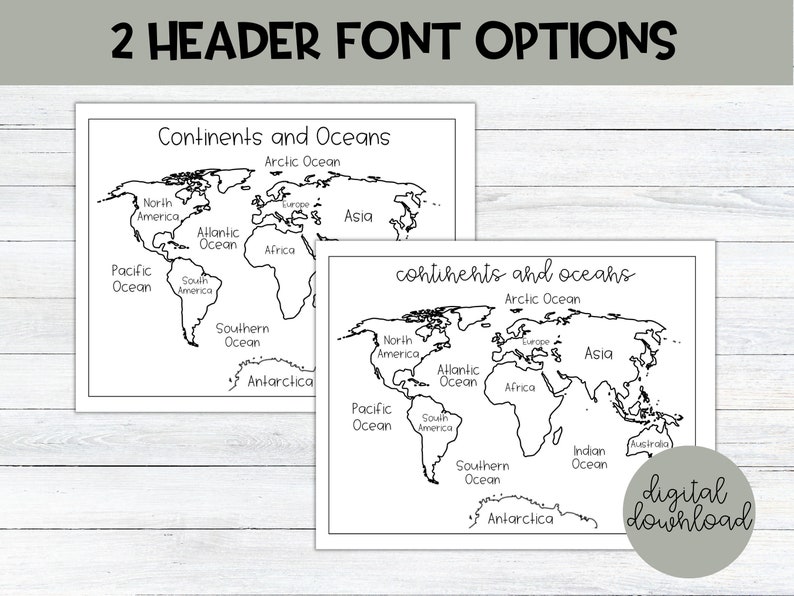 Printable World Map Black and White World Map, Continents and Oceans ...