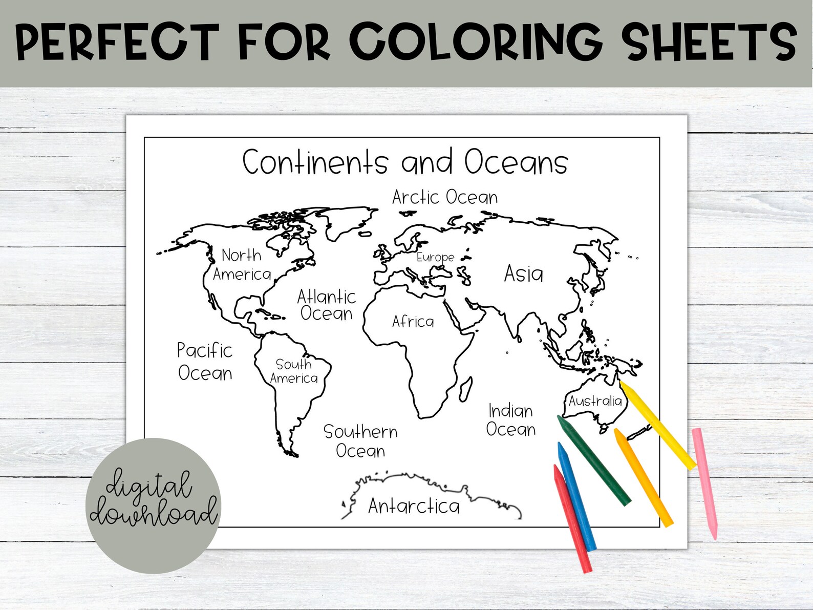 Printable World Map | Black and White World Map, Continents and Oceans ...