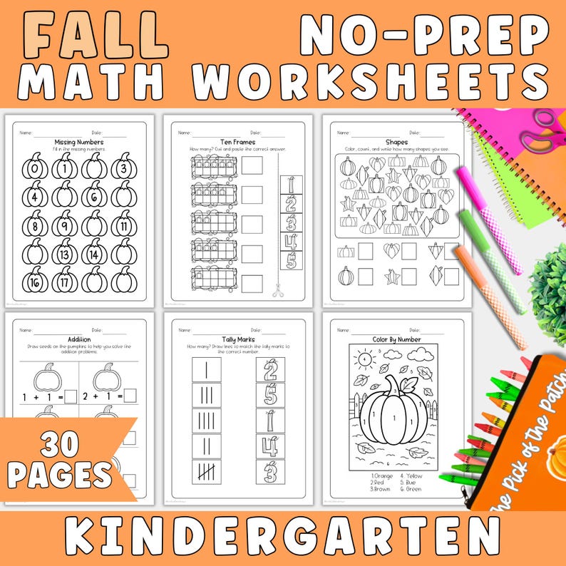 Fall No Prep Math Worksheet Bundle for Kindergarten | Homeschool ...