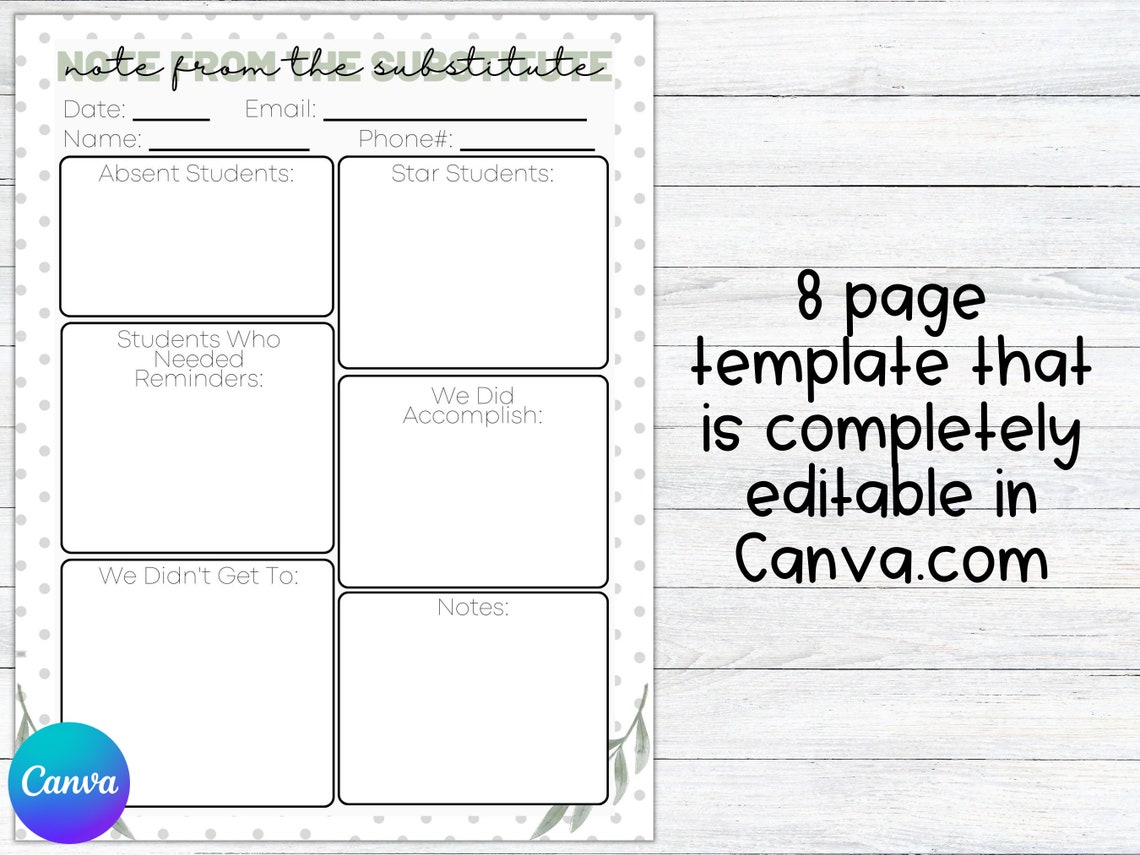 Editable Note From the Substitute Teacher Modern Greenery - Etsy