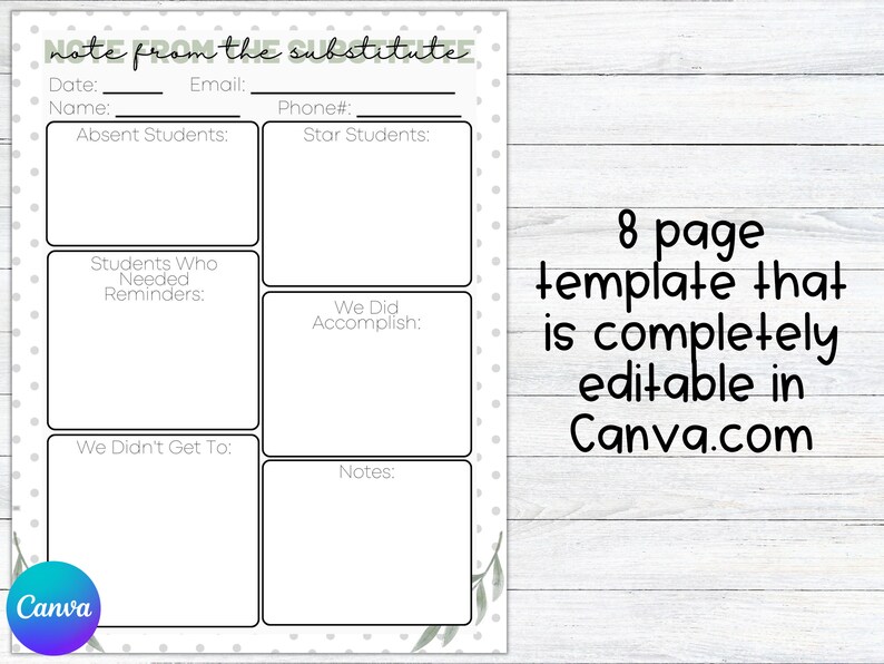 Editable Note From the Substitute Teacher Modern Greenery Theme ...