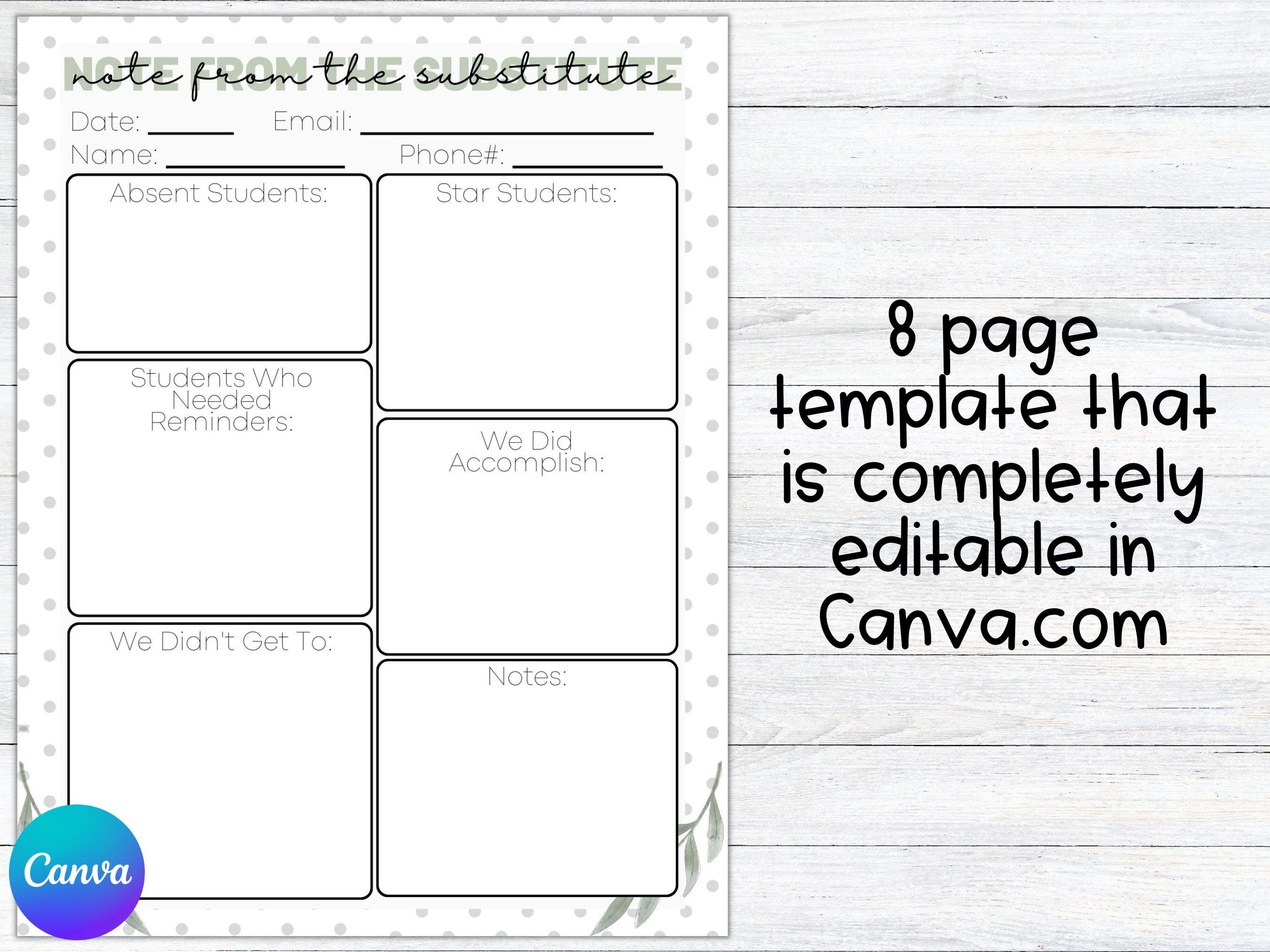 Editable Note From the Substitute Teacher Modern Greenery Theme ...