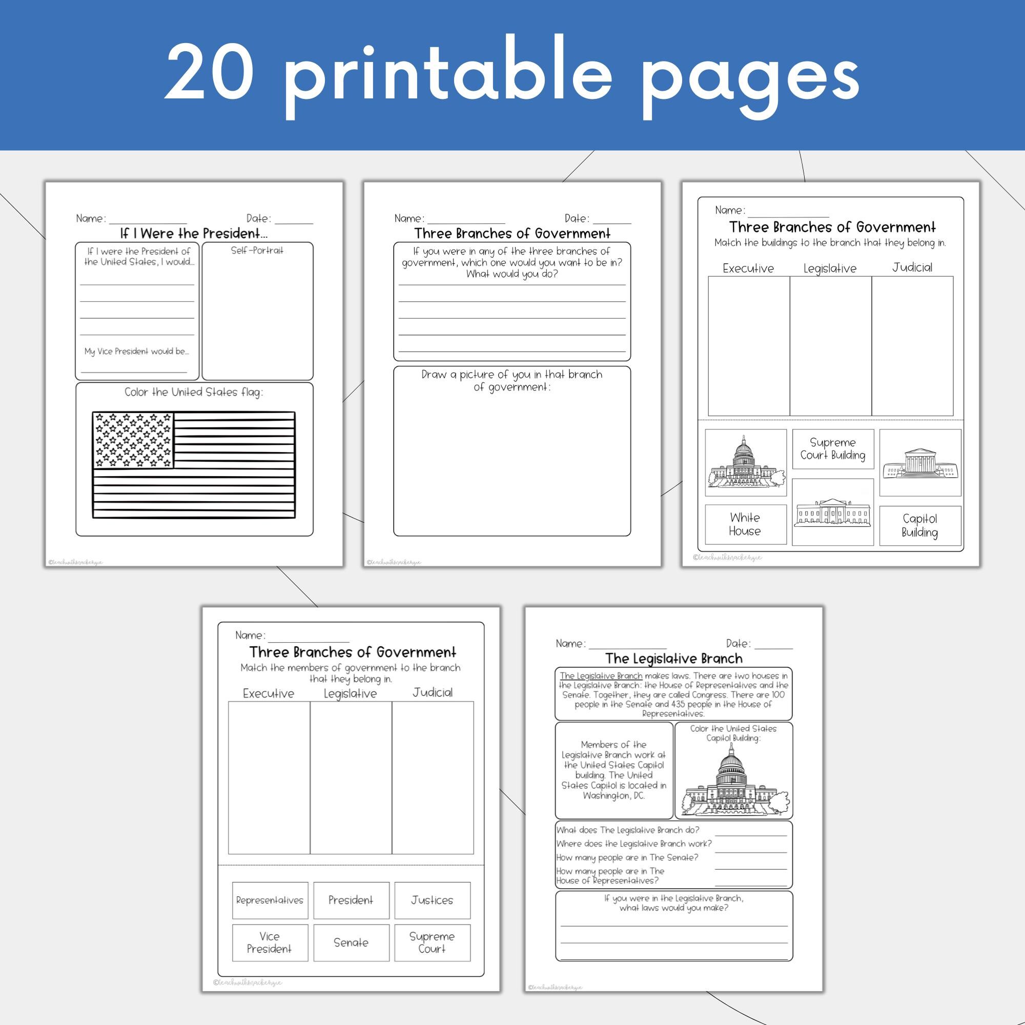 Three Branches of Government Worksheets for 1st Grade, 2nd Grade, 3rd ...