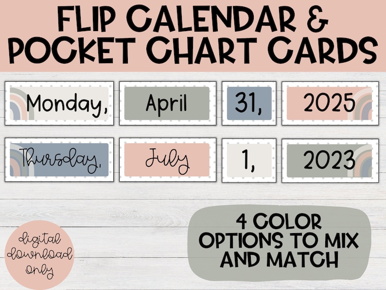 Boho Rainbow Flip Calendar and Pocket Chart Cards | Flip Calendar ...