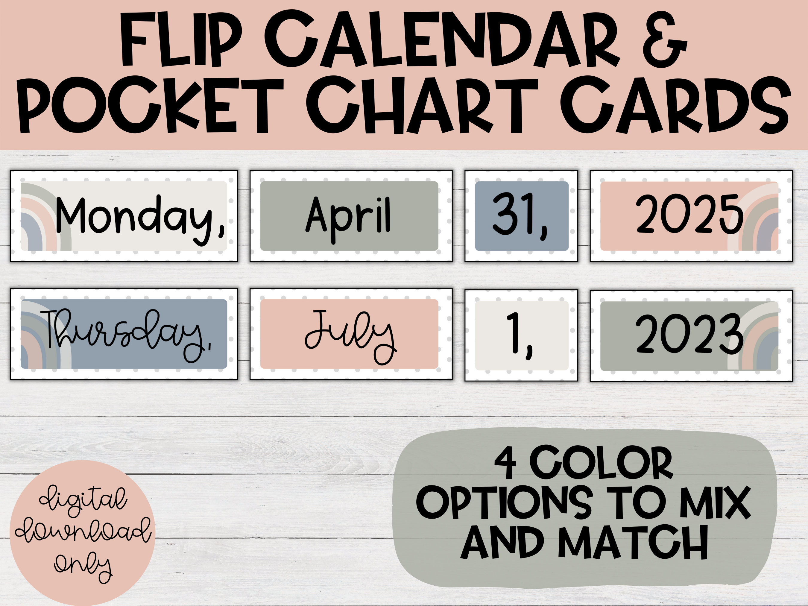 Boho Rainbow Flip Calendar and Pocket Chart Cards Flip - Etsy