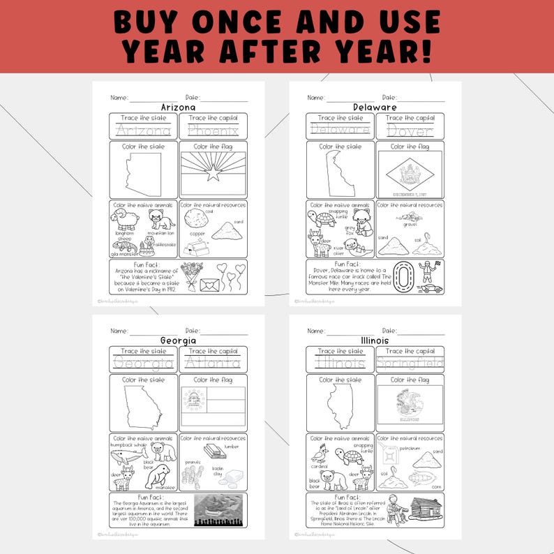 50 States Review Worksheets | Tracing & Coloring Pages, USA Geography ...